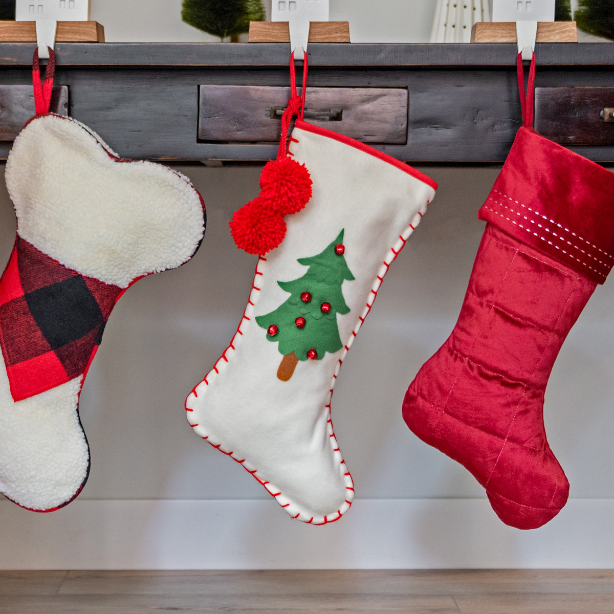 Off-White Christmas Tree Felt Stocking with Jingle Bell Details – Gigi ...